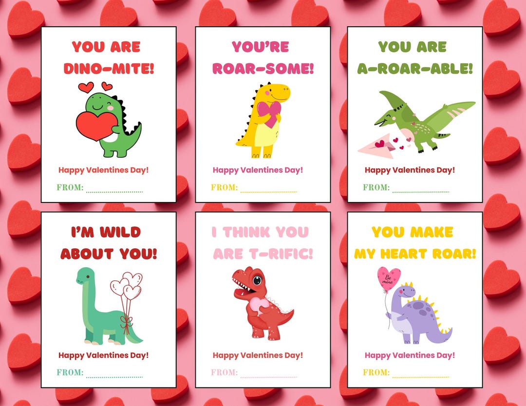 Dino Valentine's Day Cards, Printable Classroom Valentine's Day Cards ...