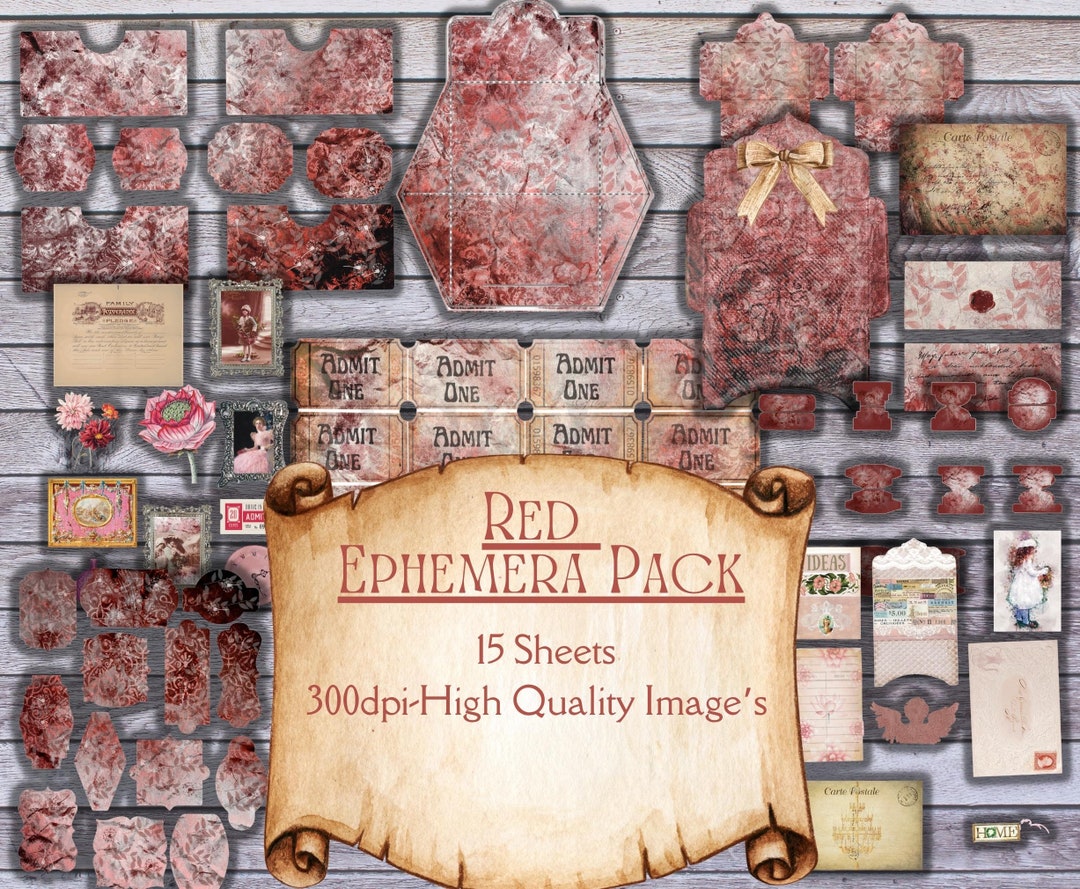 Red Printable Junk Journal Ephemera Pack, Red Ephemera, Ephemera Paper ...