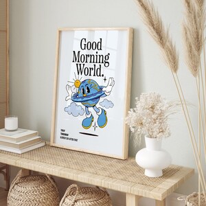Good Morning World Retro Quote Wall Print, Positve Quotes Wall Art ...