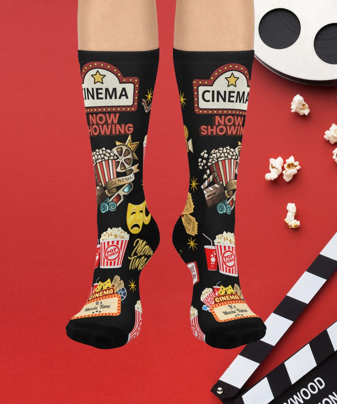 Cinema Theme Crew Socks – Movie Lover Film Fan Accessories, Popcorn ...