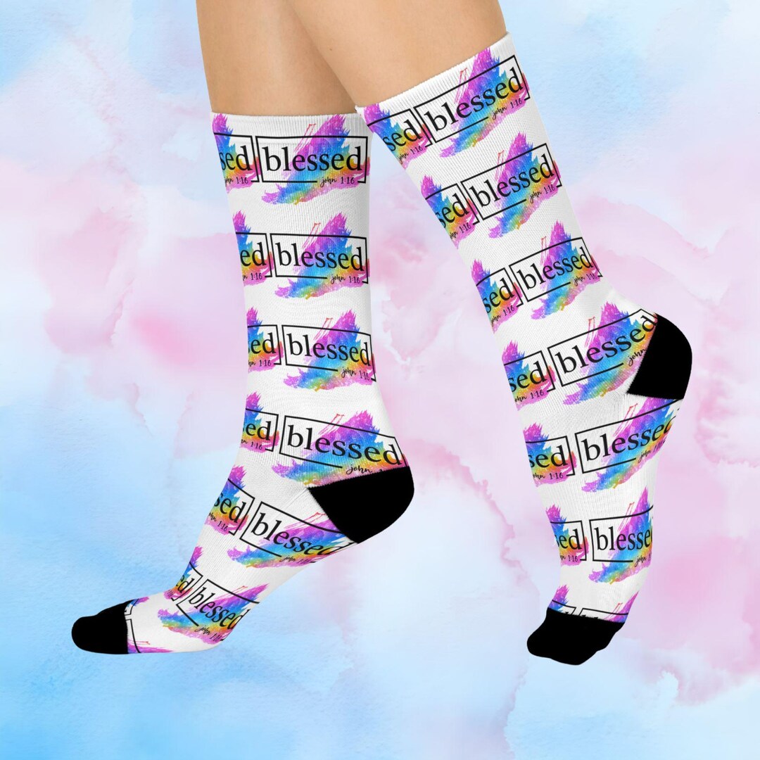 Blessed Rainbow Crew Socks – Watercolor Faith Apparel, Cushioned ...