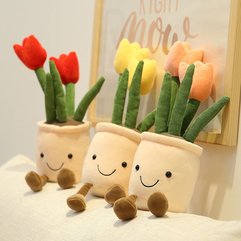 Smiling Potted Plant Plush Toy Happy Cactus Plushie Lifelike Tulip ...