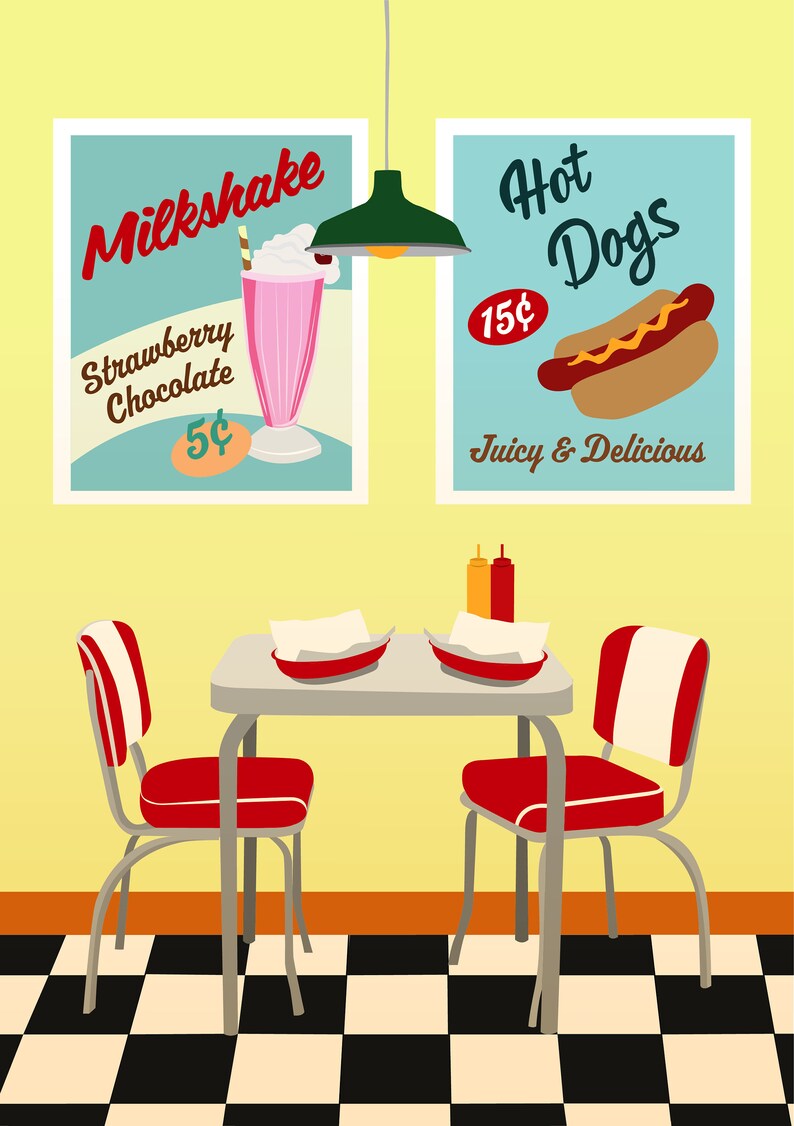 Retro Diner Illustration Retro Posters American Art Wall - Etsy
