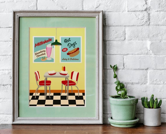 Retro Diner Illustration Retro Posters American Art Wall | Etsy