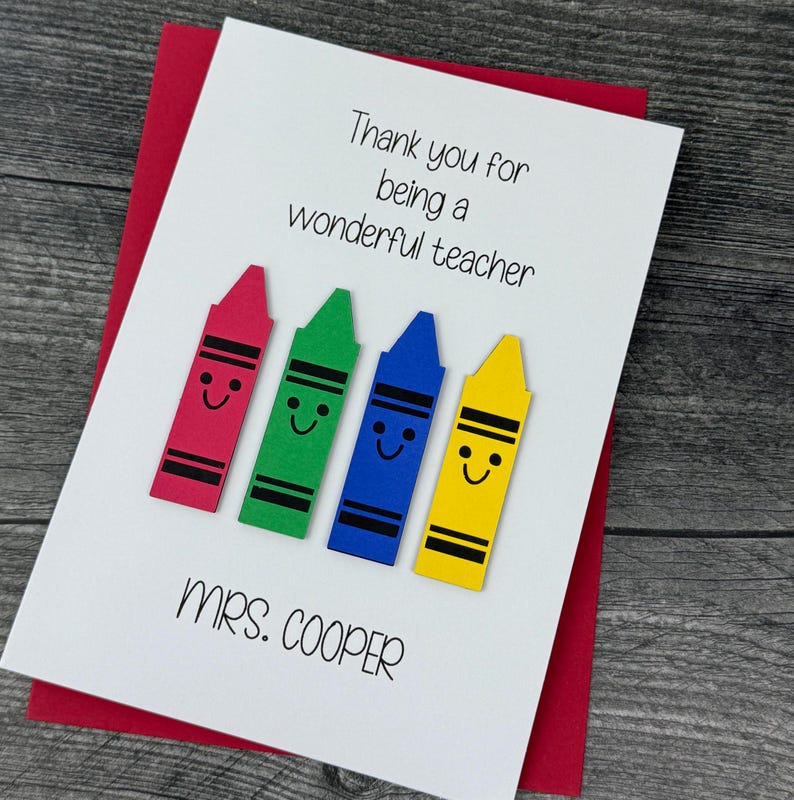 Thank You Teacher Card, Crayon Design, Handmade and Personalized ...