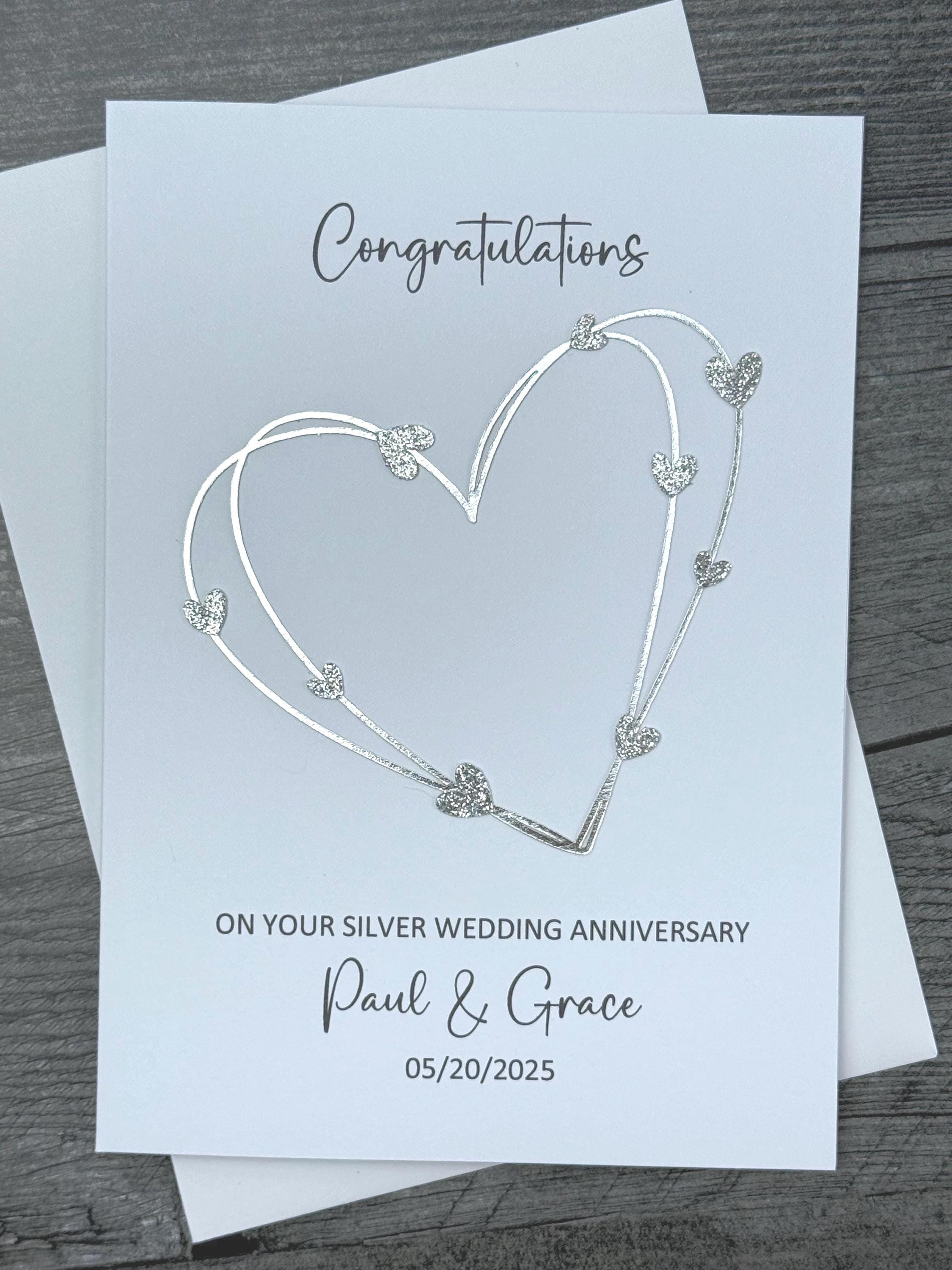Silver Wedding Anniversary 25th Card, Elegant Hearts Design, Handmade ...