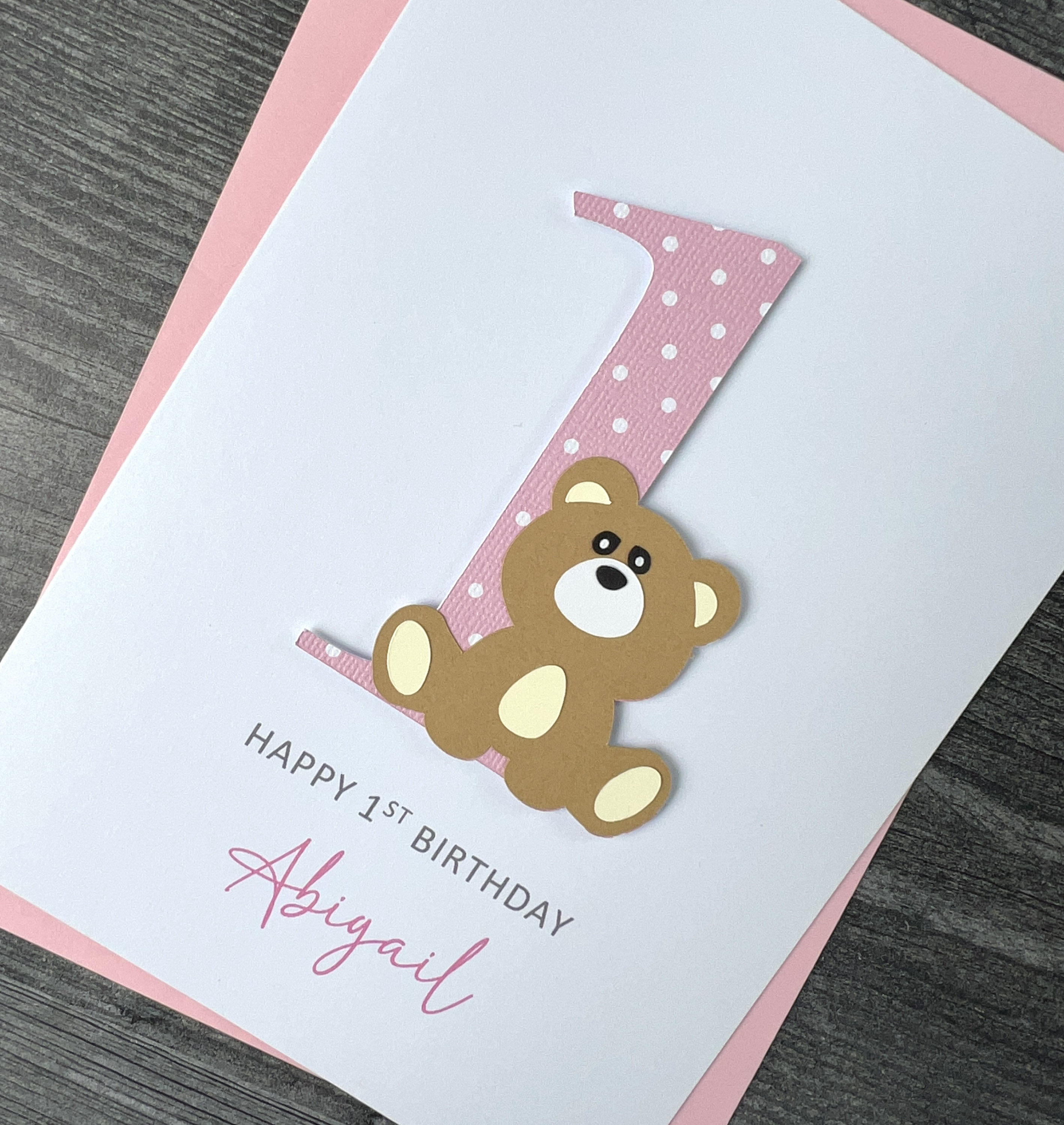 1st Birthday Card for Baby Girl, With Sweet Teddy Bear, Handmade and ...