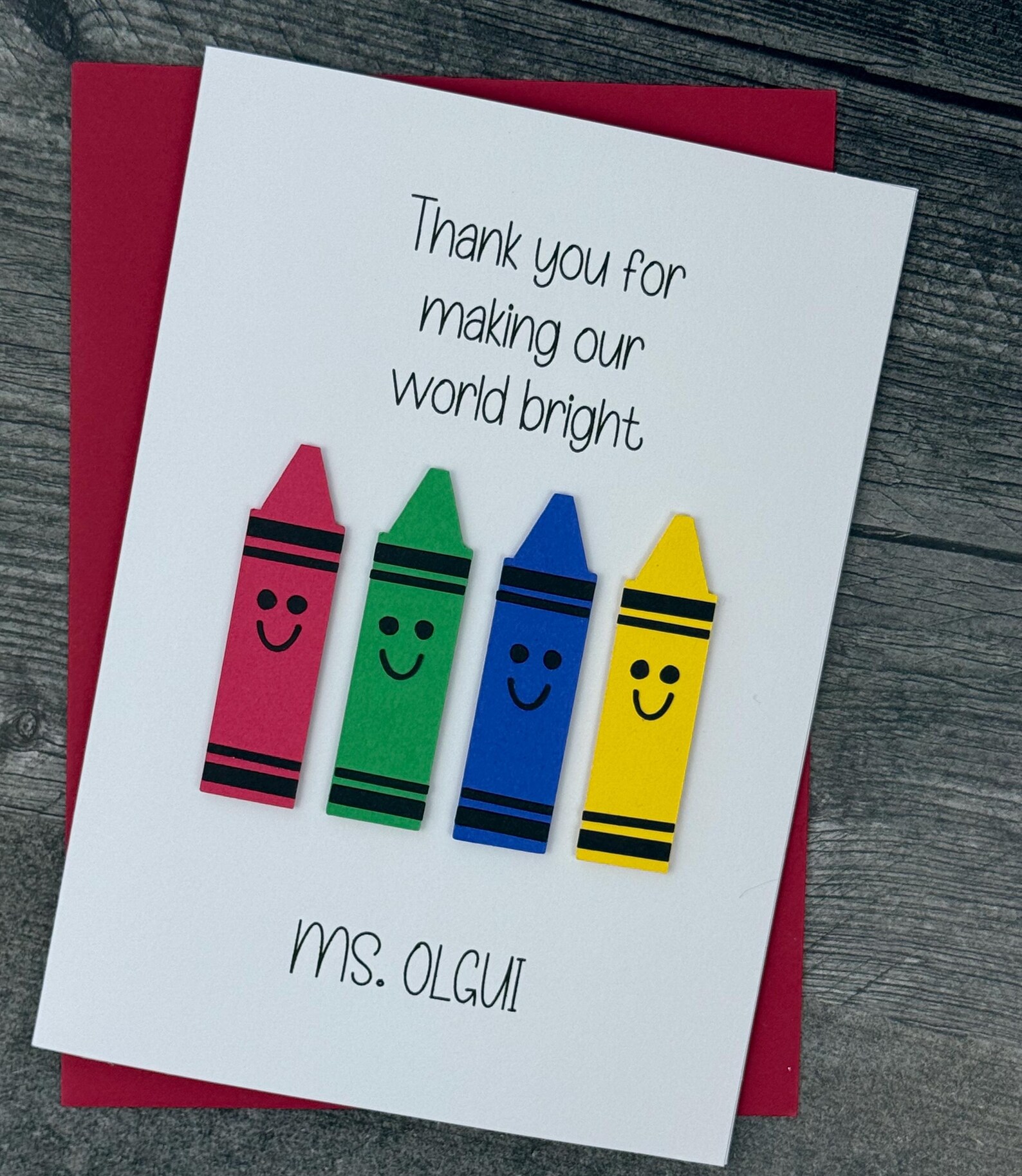 Thank You Teacher Card, Crayon Design, Handmade and Personalized ...