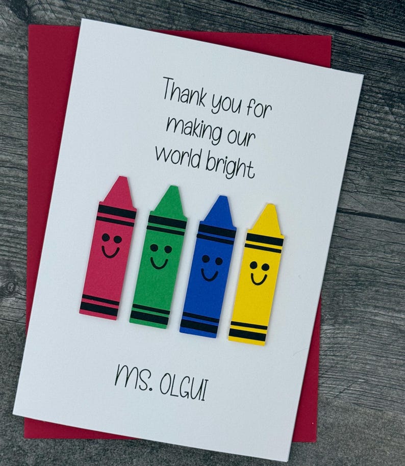 Thank You Teacher Card, Crayon Design, Handmade and Personalized ...