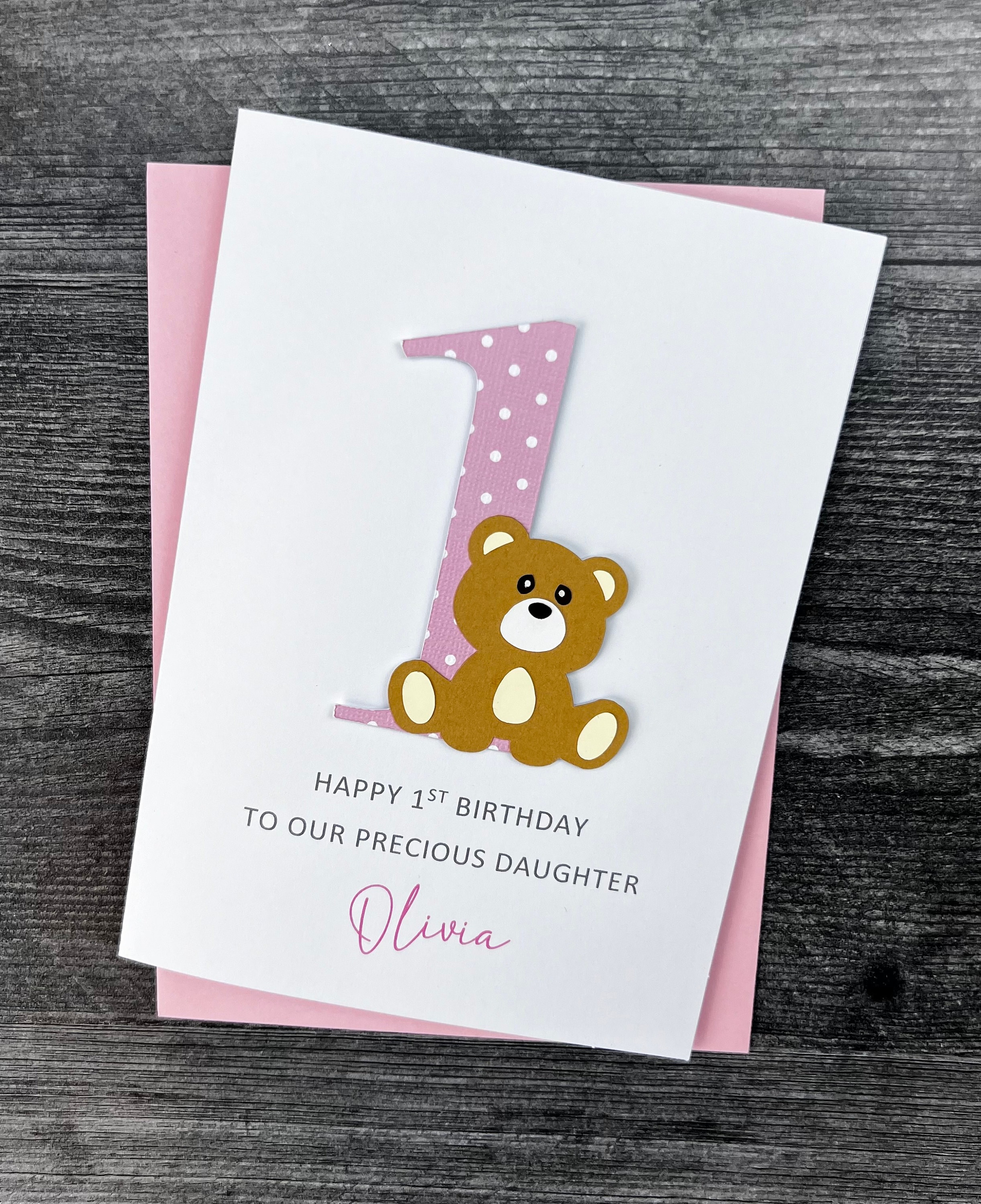 1st Birthday Card for Baby Girl, With Sweet Teddy Bear, Handmade and ...