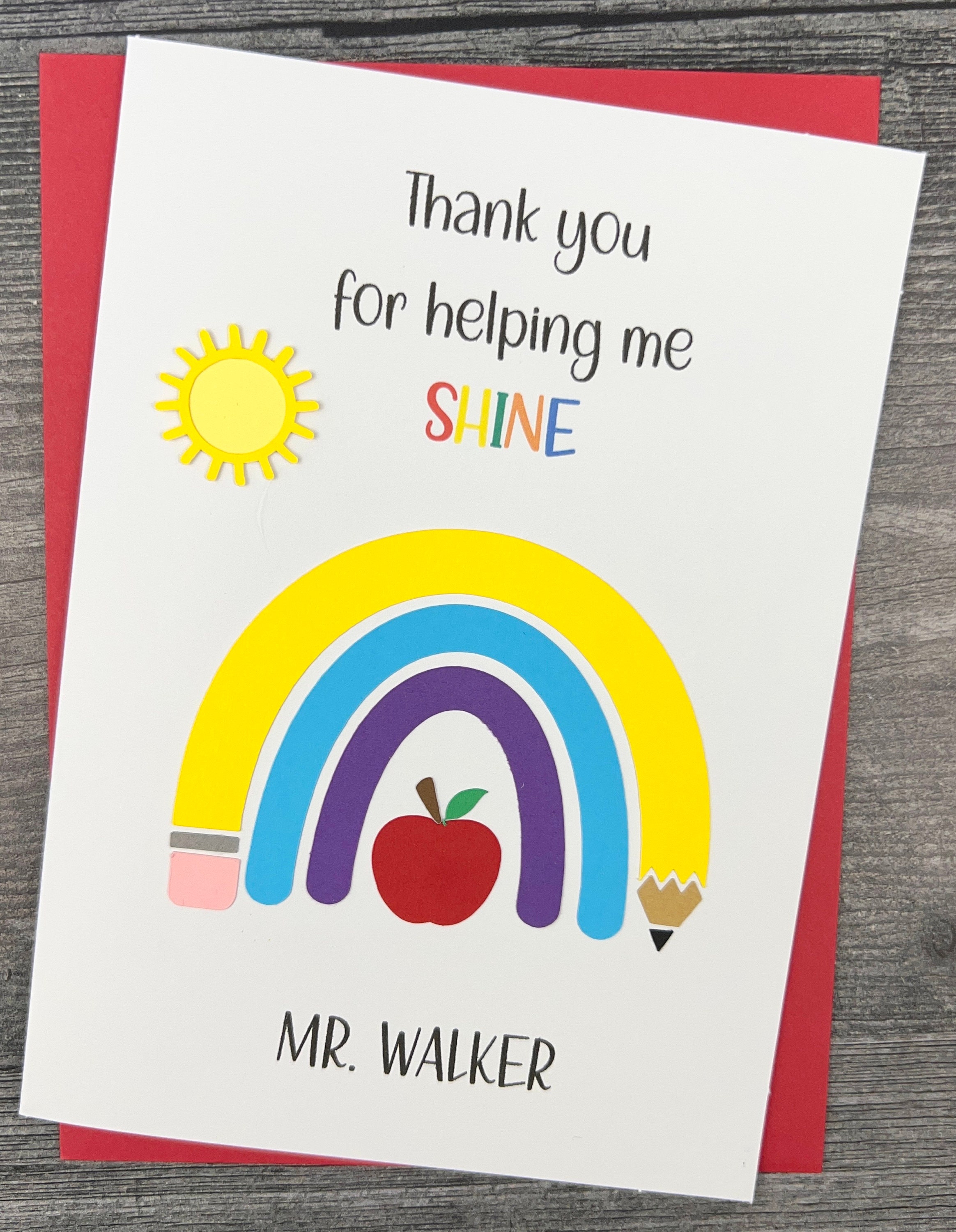 Teacher Thank You Card With Bright Rainbow and Sun Design, Handmade and ...