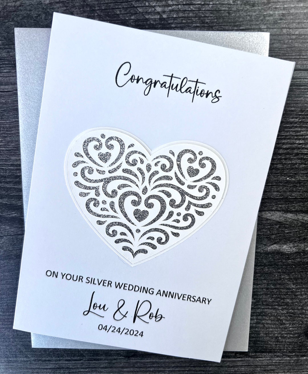 Silver Wedding Anniversary 25th Card With Heart Detail, Handmade and ...