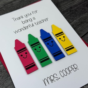 Thank You Teacher Card, Crayon Design, Handmade and Personalized ...