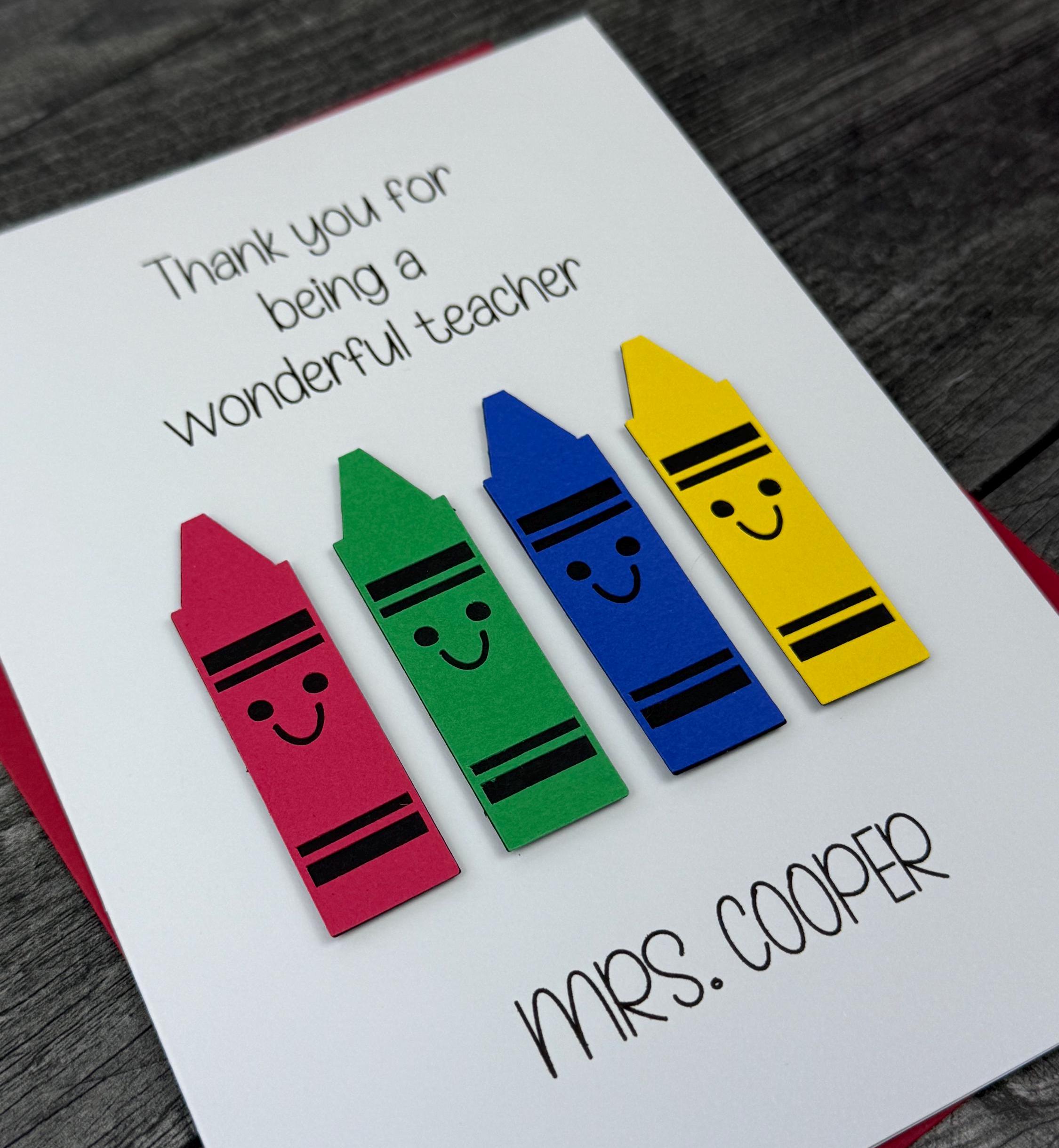 Thank You Teacher Card, Crayon Design, Handmade and Personalized ...
