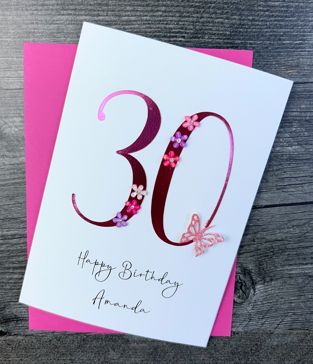 30th Birthday Card With Flowers and Butterfly, Handmade and ...