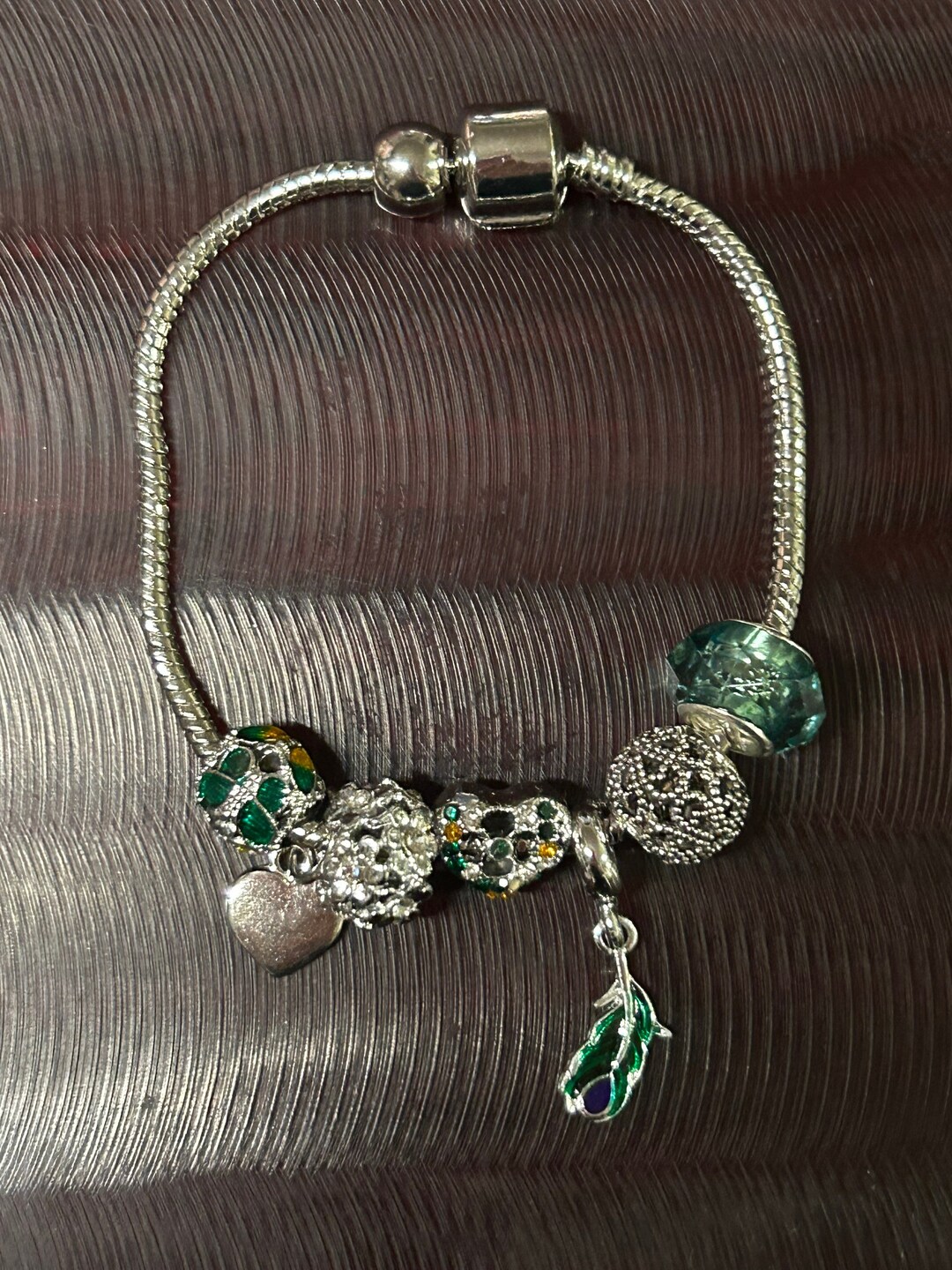 Pandora Style Peacock Feather and Heart Bangle, European Style Bracelet ...