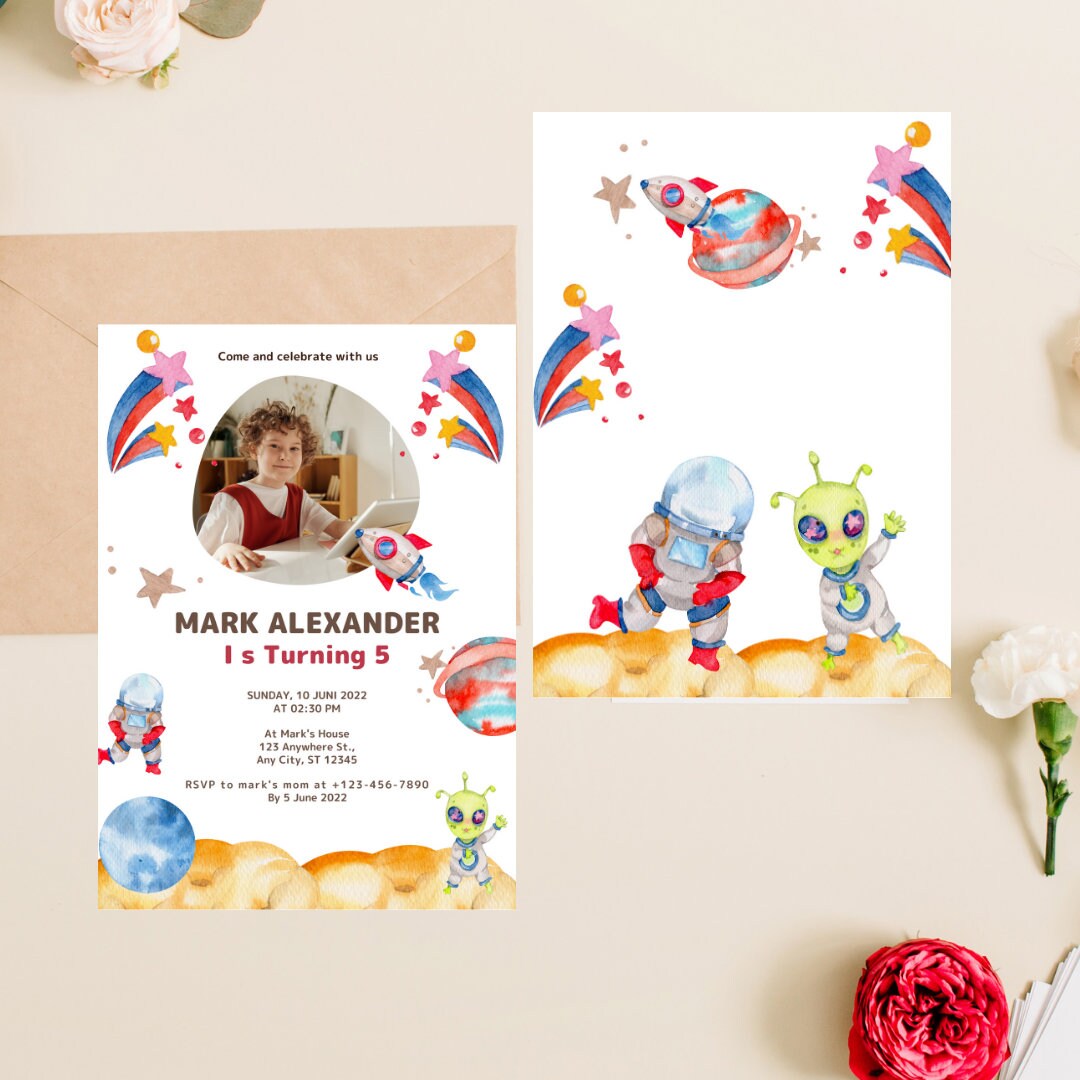 Alien Birthday Invitation Kid, Digital Invitation ,2 Side Birthday ...