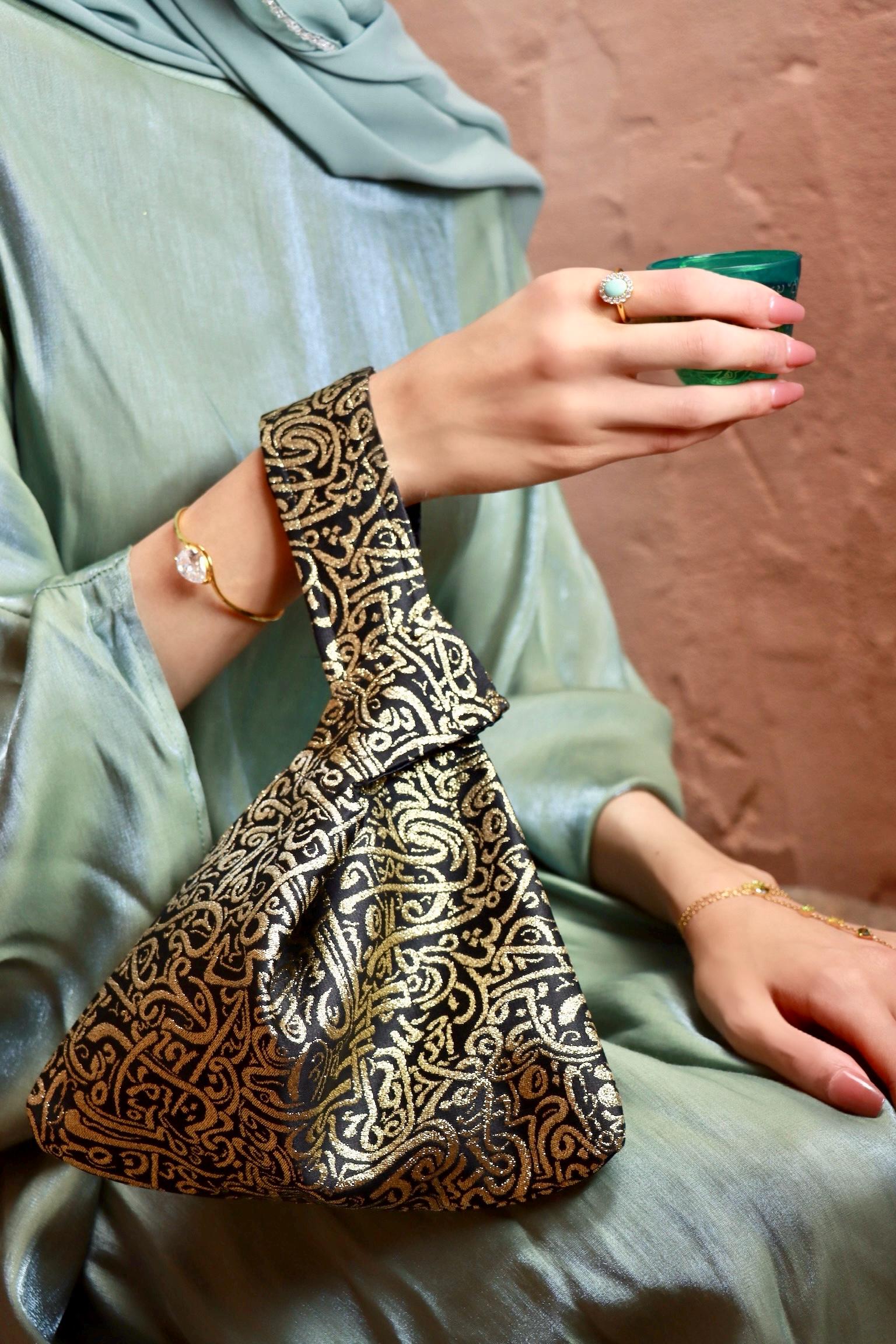 Hakaya Knot Bag | Black and Gold Arabic Calligraphy Purse | Cultural ...