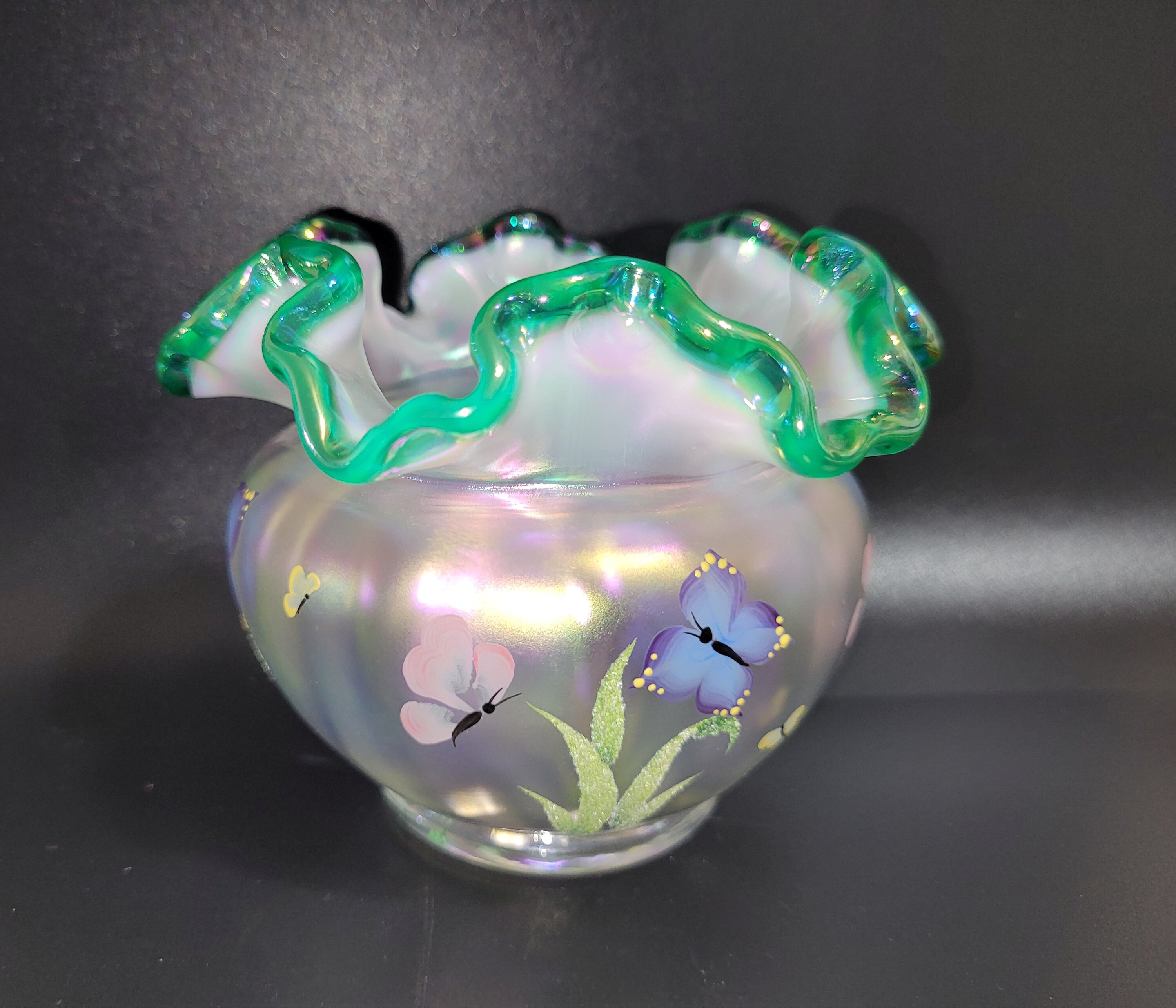 RARE HTF Beautiful Fenton Iridescent Butterfly Rose Bowl Grn - Etsy