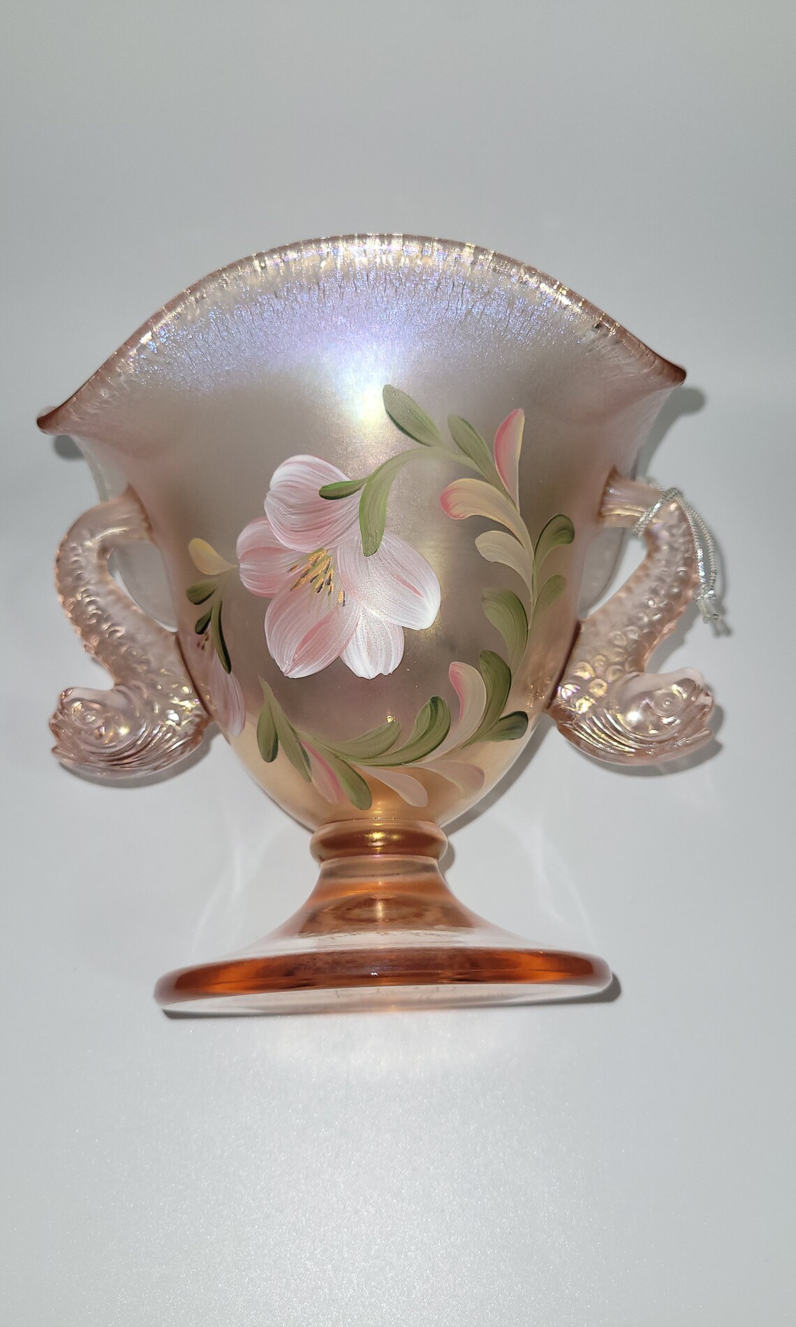 Fenton Sunset Stretch Pink Floral With Koi Dolphin Sea Creature Compote ...