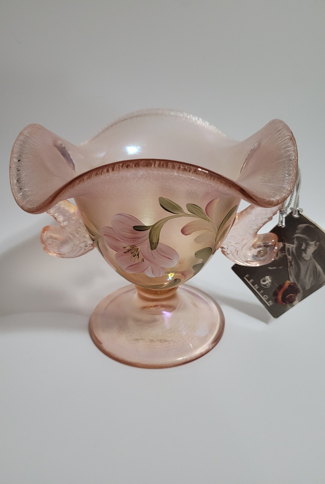 Fenton Sunset Stretch Pink Floral With Koi Dolphin Sea Creature Compote ...