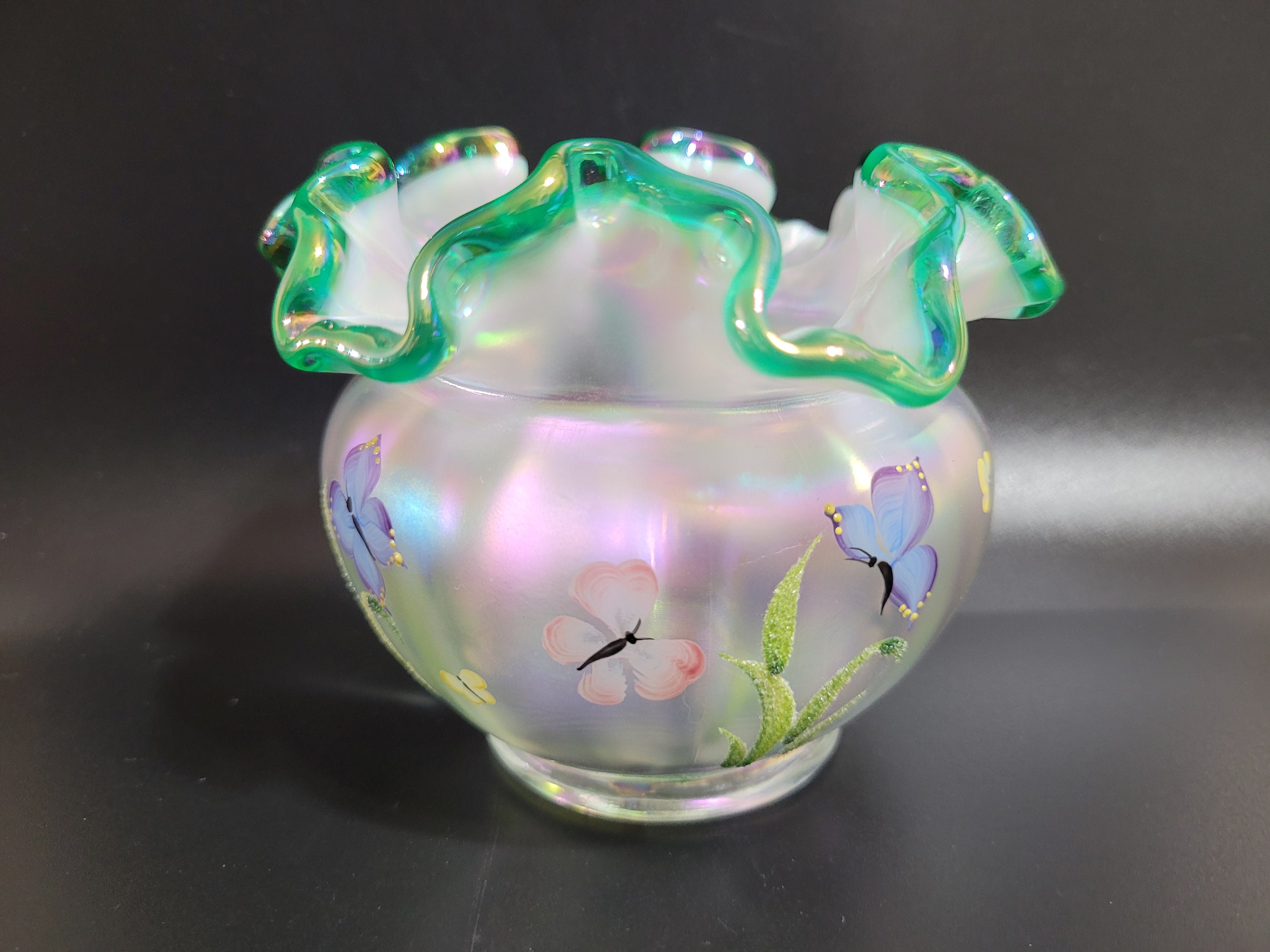 RARE HTF Beautiful Fenton Iridescent Butterfly Rose Bowl Grn - Etsy