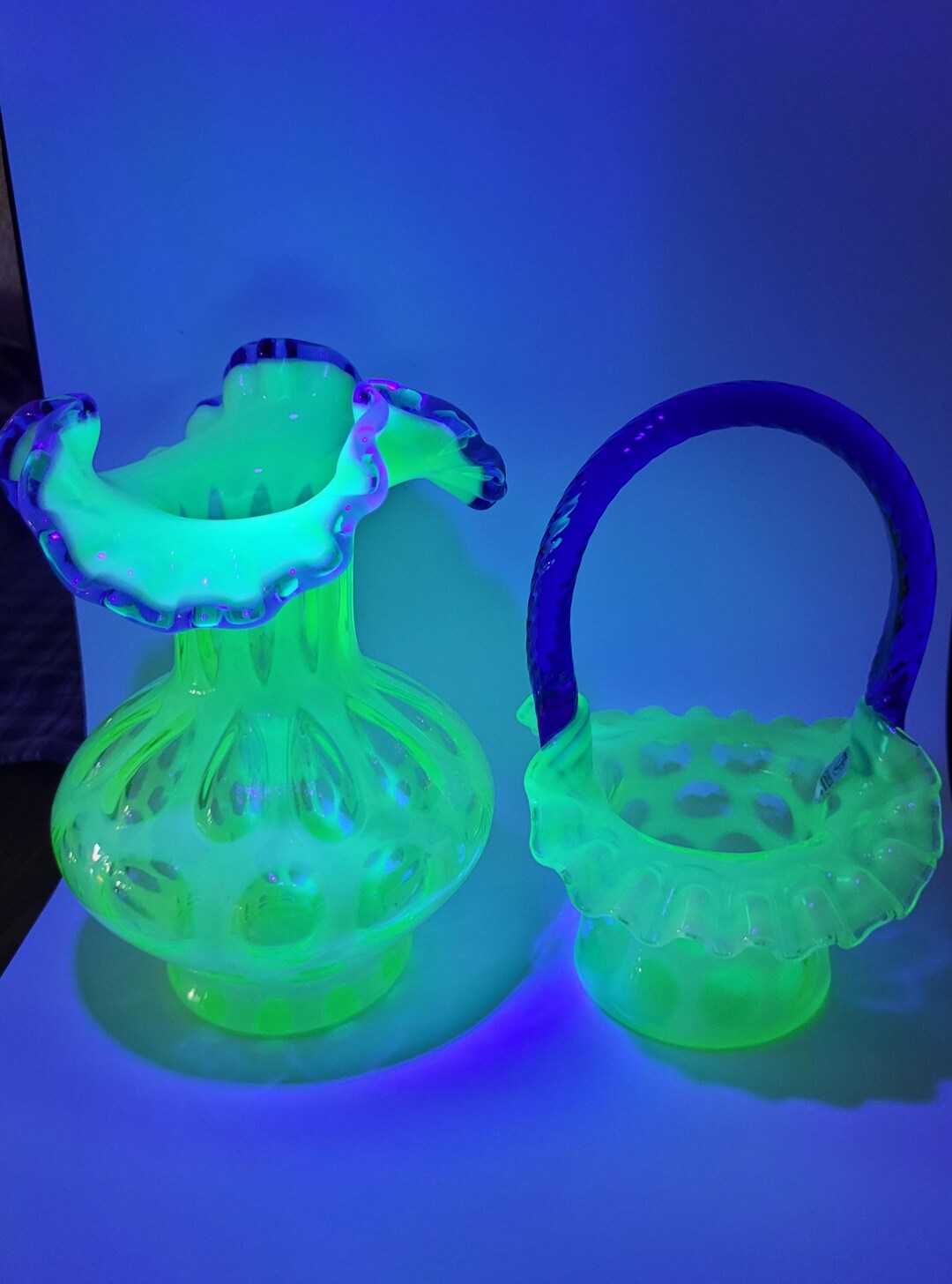 TWO Fenton Vaseline Opalescent Coin Dot Vase and Basket With Cobalt ...