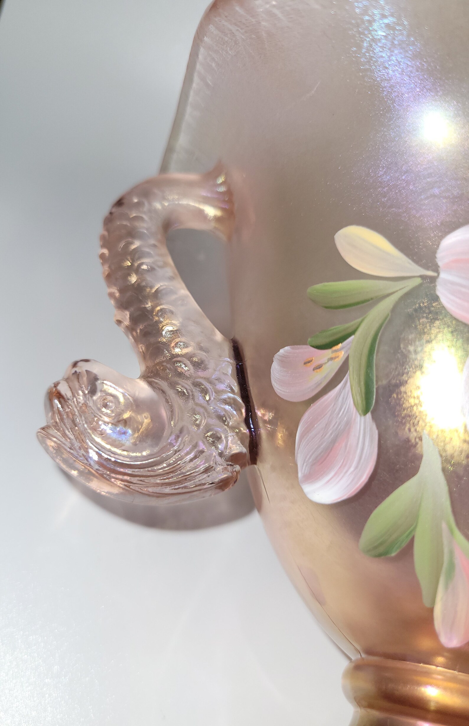 Fenton Sunset Stretch Pink Floral With Koi Dolphin Sea Creature Compote ...