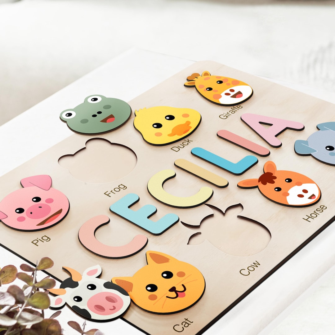 Wooden Busy Board Puzzle | Personalized Name Puzzle With Animals | Baby ...
