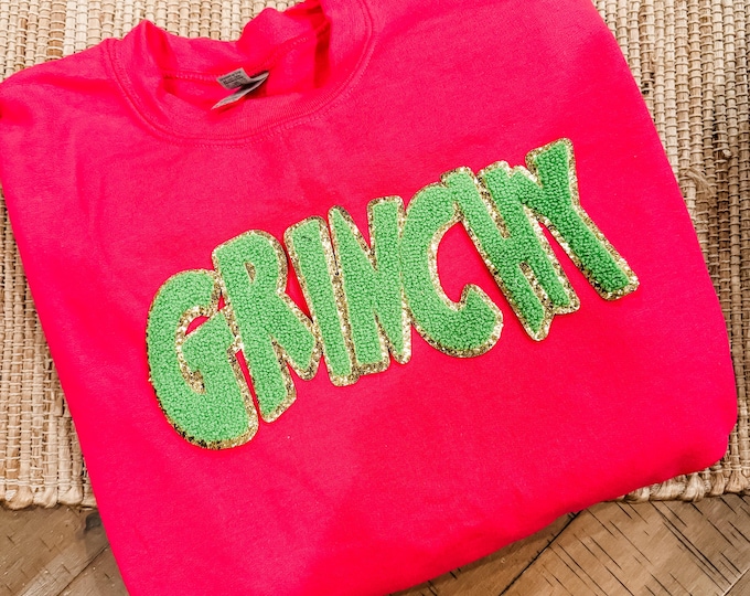 Pink Grinchy Chenille With Gold Glitter Outline Patch Sweatshirt - Etsy