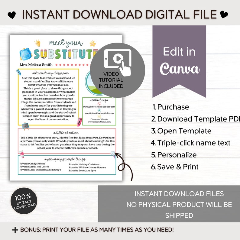 Meet the Sub Substitute Teacher Template | Editable Printable ...
