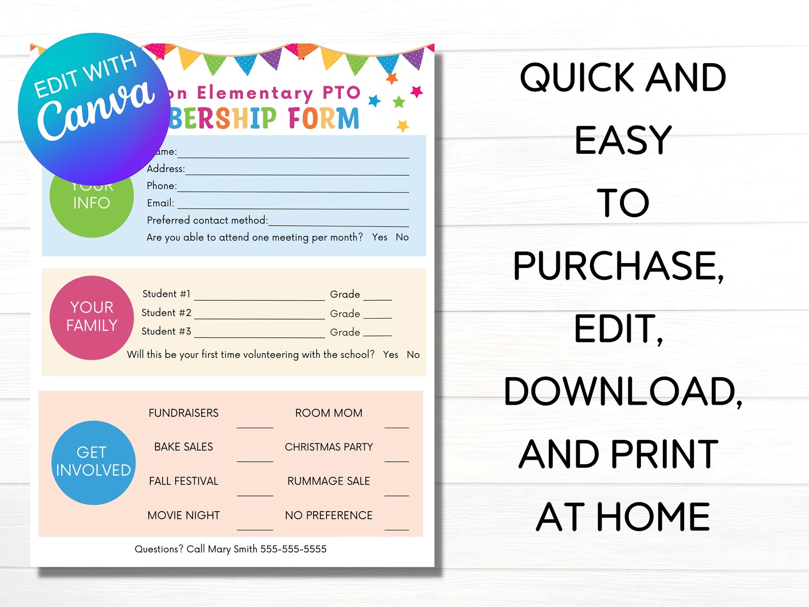 Editable Printable PTO PTA Membership Form Parent Volunteer - Etsy