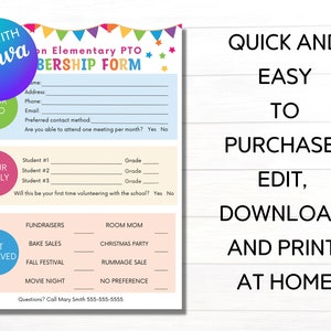 Editable Printable PTO PTA Membership Form | Parent Volunteer Sign up ...
