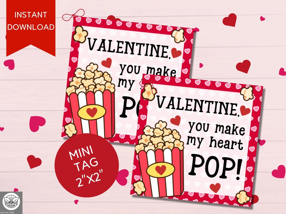 Popcorn Valentine Printable Classroom Treat Card Daycare Kids School ...