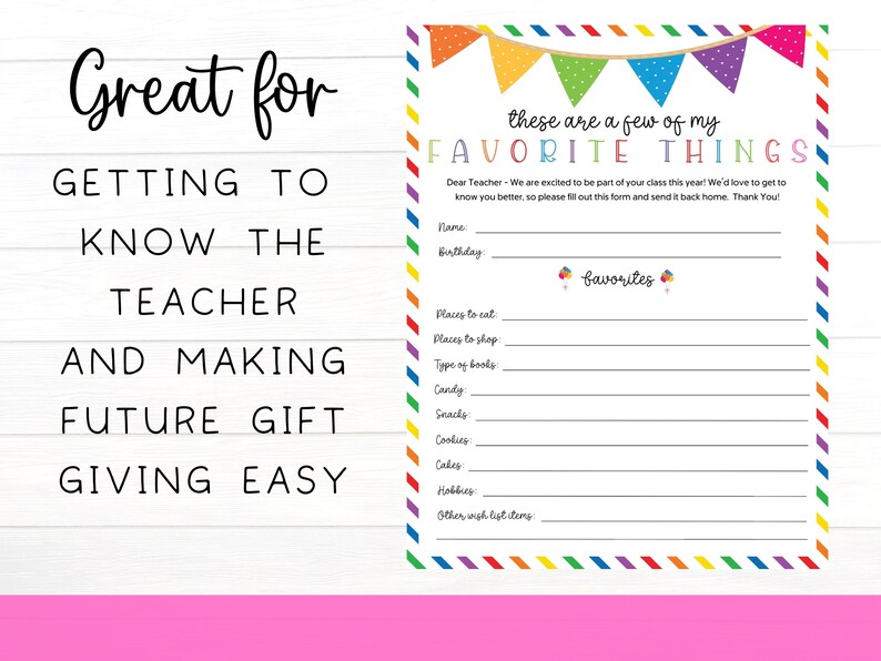 Teacher's Favorite Things Form | Gift Giving Ideas for Teachers | List ...