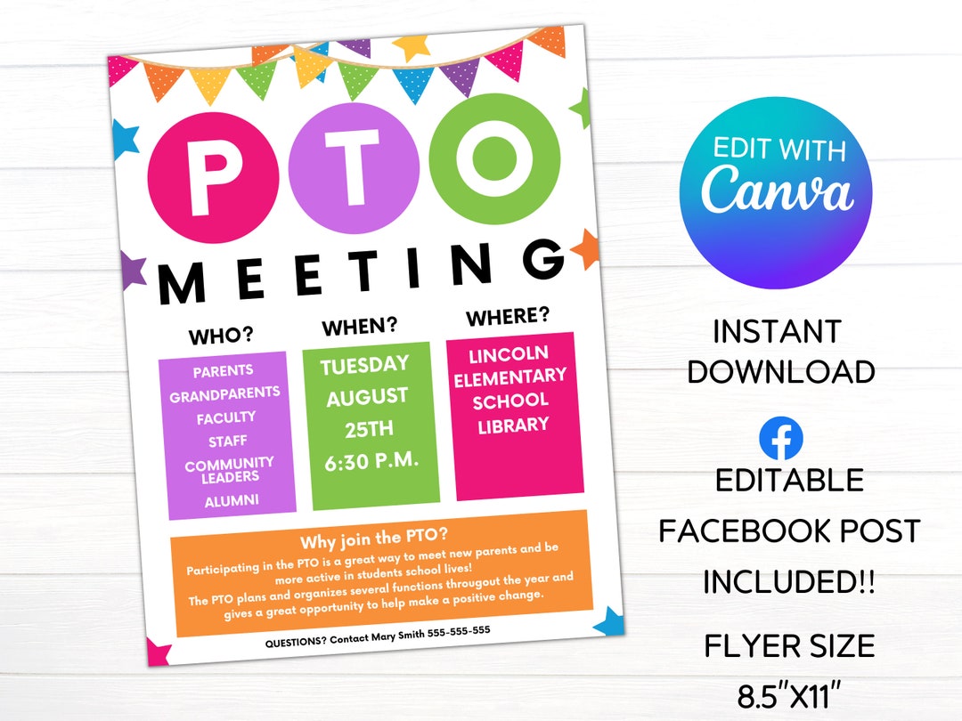 Editable Canva Template PTO Meeting Flyer Back to School PTO Meeting ...