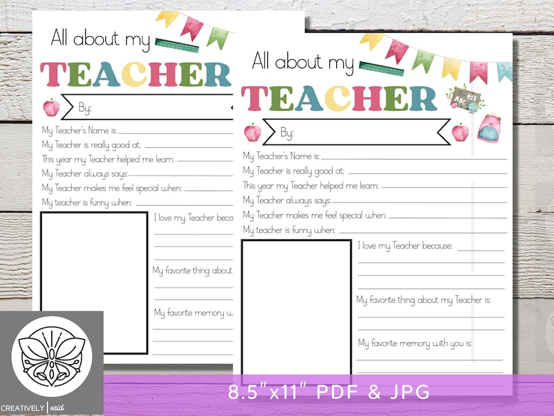 All About My Teacher Printable | My Favorite Teacher | Teacher Gift ...