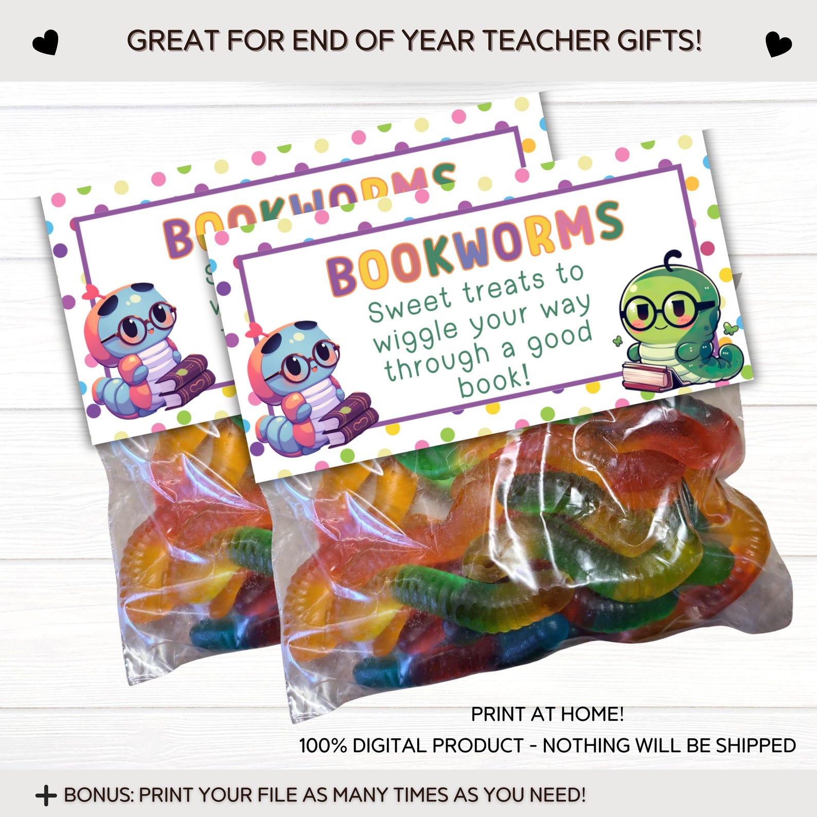 Bookworm Gift Treat Tag Goodie Bag | Goody Teacher Student Gifts ...