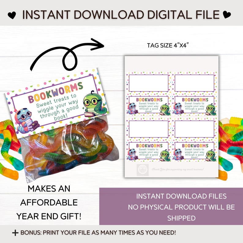 Bookworm Gift Treat Tag Goodie Bag | Goody Teacher Student Gifts ...