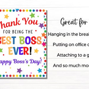 Best Boss Ever Thank You Sign | Boss's Day Sign | Printable Instant ...