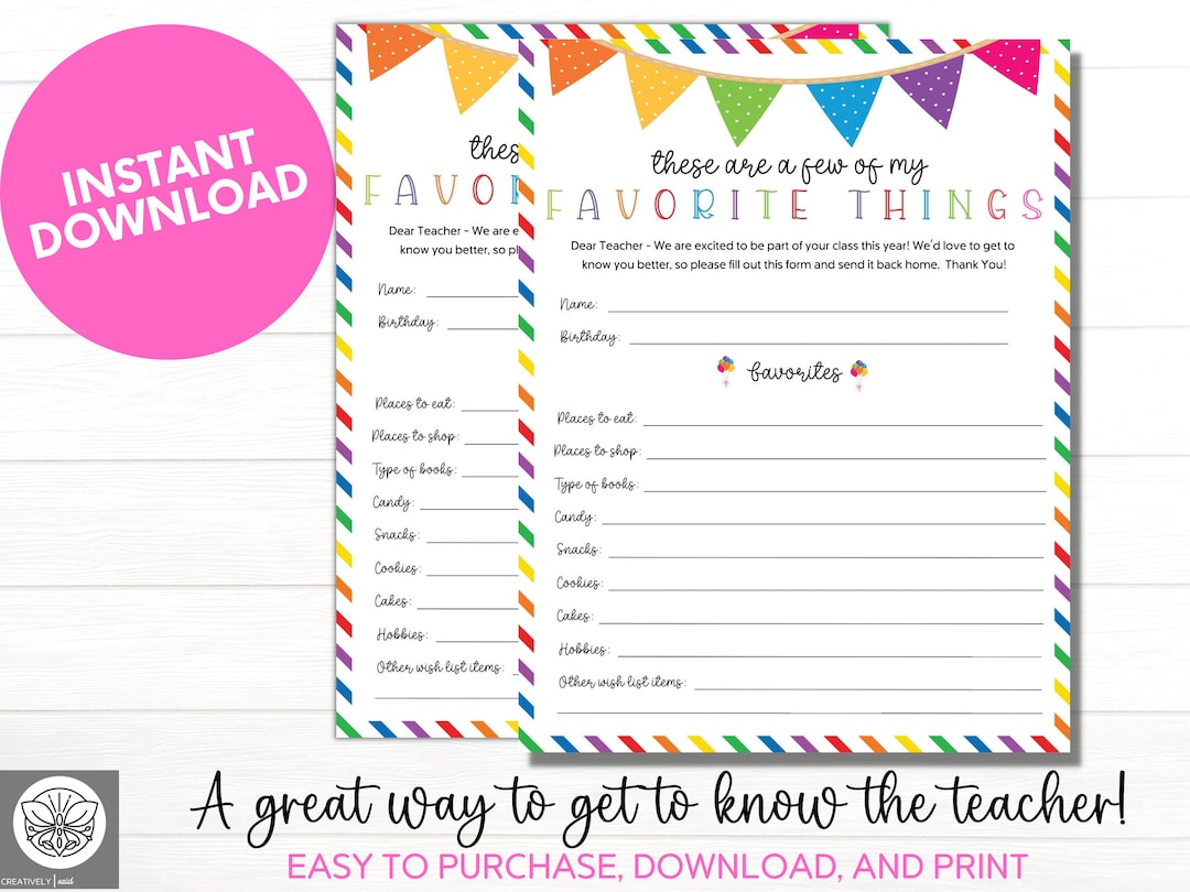 Teacher's Favorite Things Form | Gift Giving Ideas for Teachers | List ...