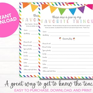 Teacher's Favorite Things Form | Gift Giving Ideas for Teachers | List ...