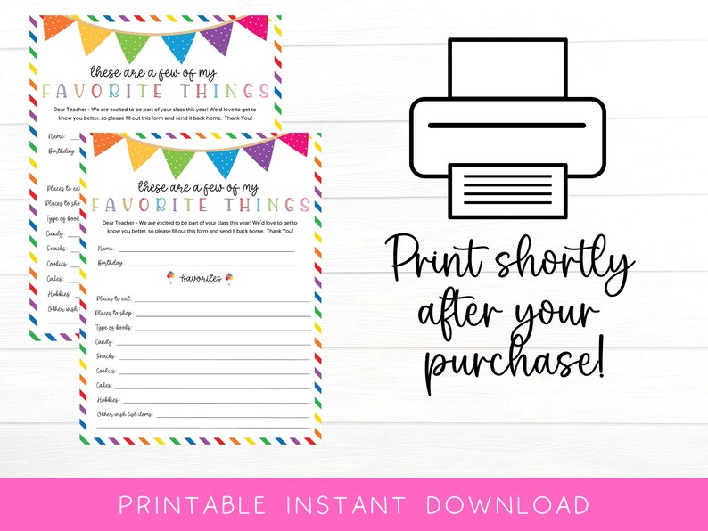 Teacher's Favorite Things Form | Gift Giving Ideas for Teachers | List ...