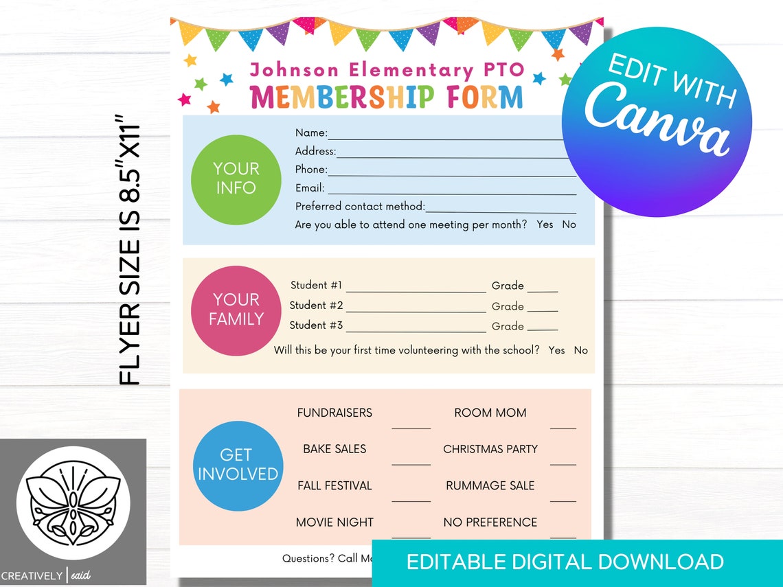 Editable Printable PTO PTA Membership Form | Parent Volunteer Sign up ...