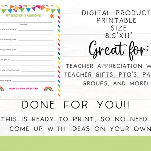 Teacher Appreciation Week All About My Teacher Worksheet | Student Gift ...