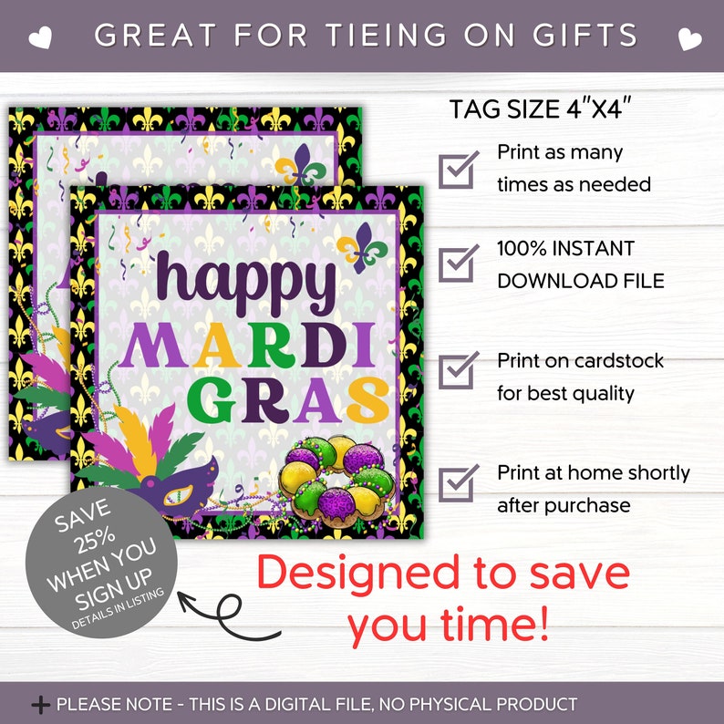 Mardi Gras King Cake Gift Tag Printable | Cocktail Party Favor Tags ...