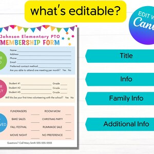 Editable Printable PTO PTA Membership Form | Parent Volunteer Sign up ...