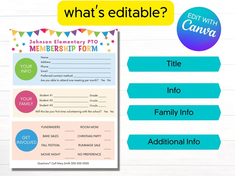Editable Printable PTO PTA Membership Form Parent Volunteer - Etsy