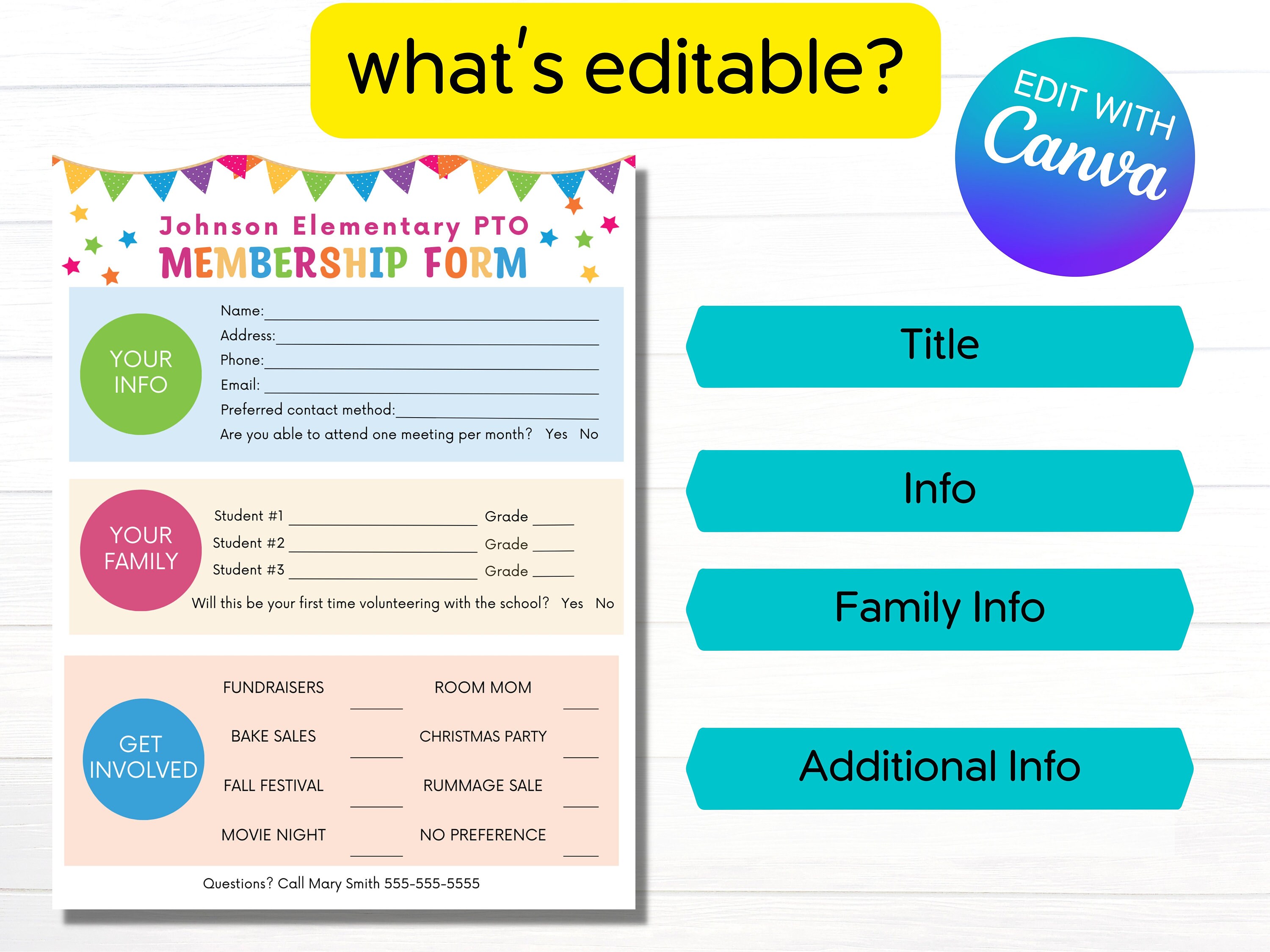 Editable Printable PTO PTA Membership Form | Parent Volunteer Sign up ...