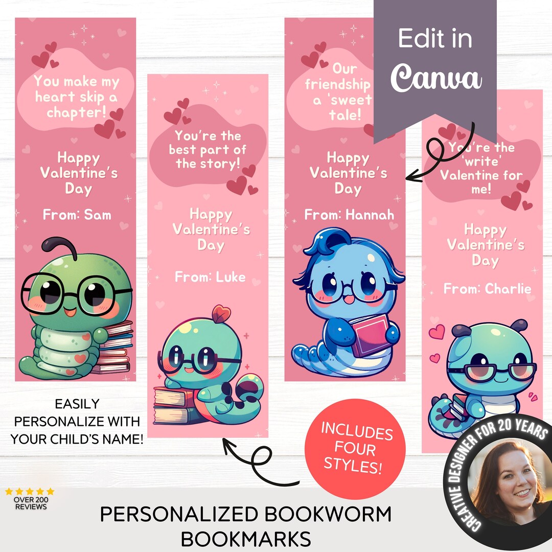 Classroom Valentine Personalized Valentines Day Bookmark Bookworm Gift ...